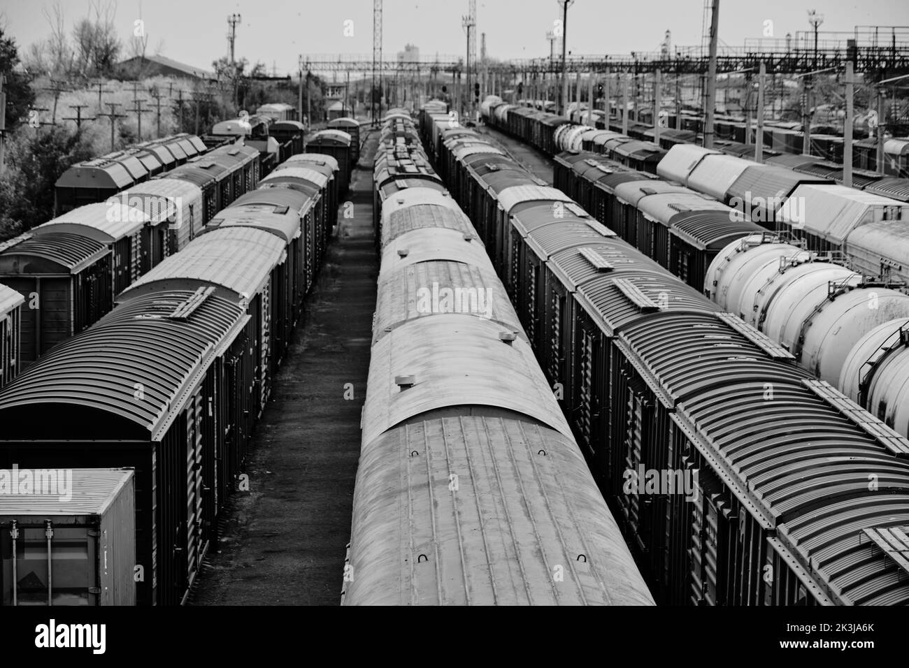 Freight railway cars at railway station.Freight cars top view.Concept ...