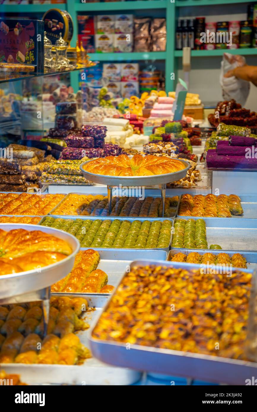Antalya, Turkey - September 10, 2022: The turkish sweets in street shop ...