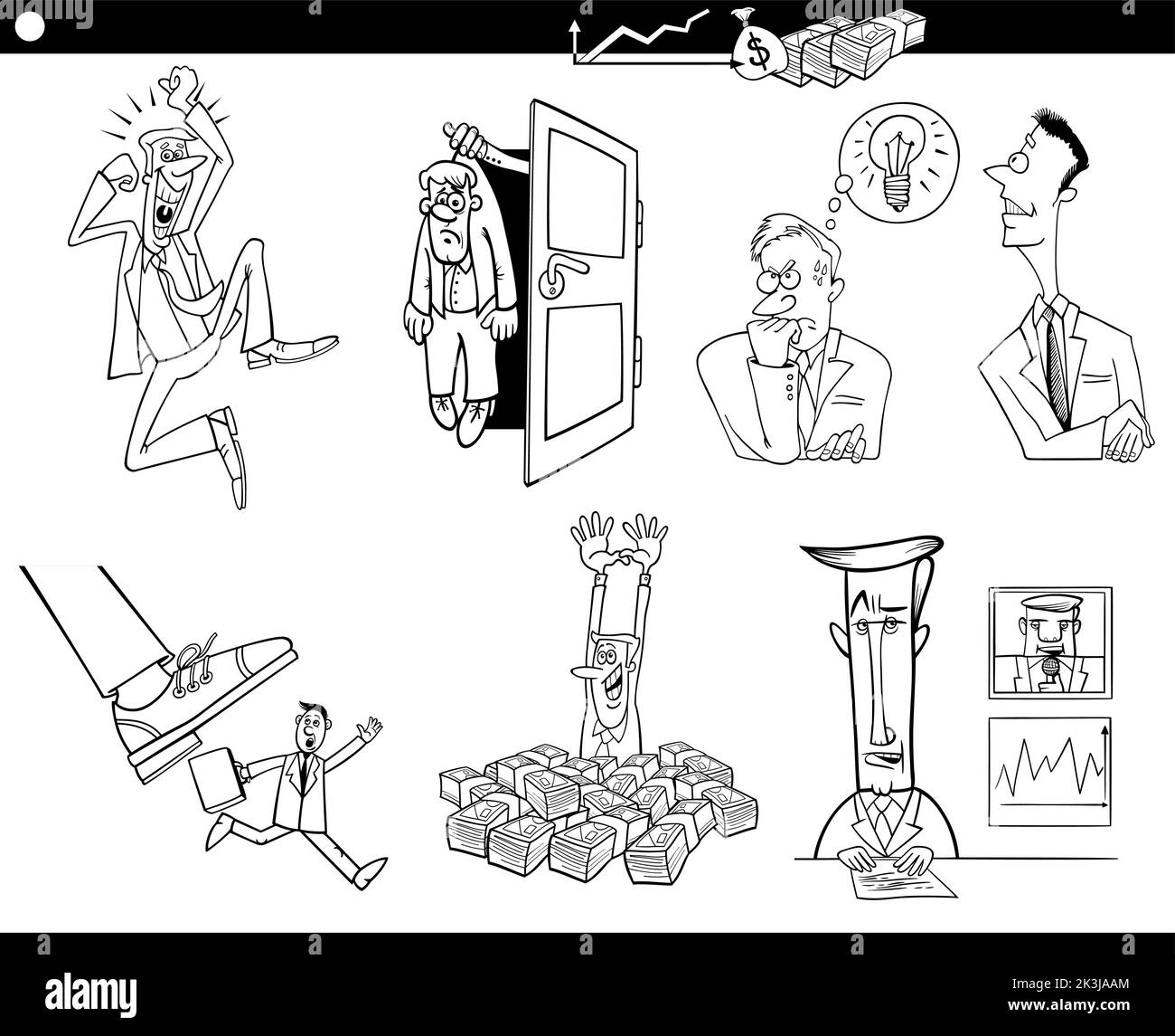 Black and white cartoon illustration of business concepts with funny ...