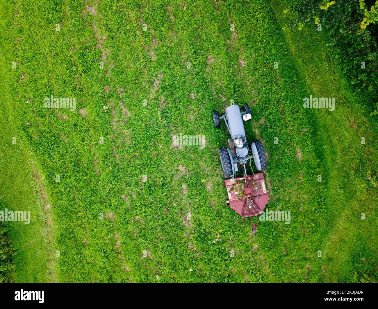An aerial top view of an old tractor on a green field Stock Photo - Alamy