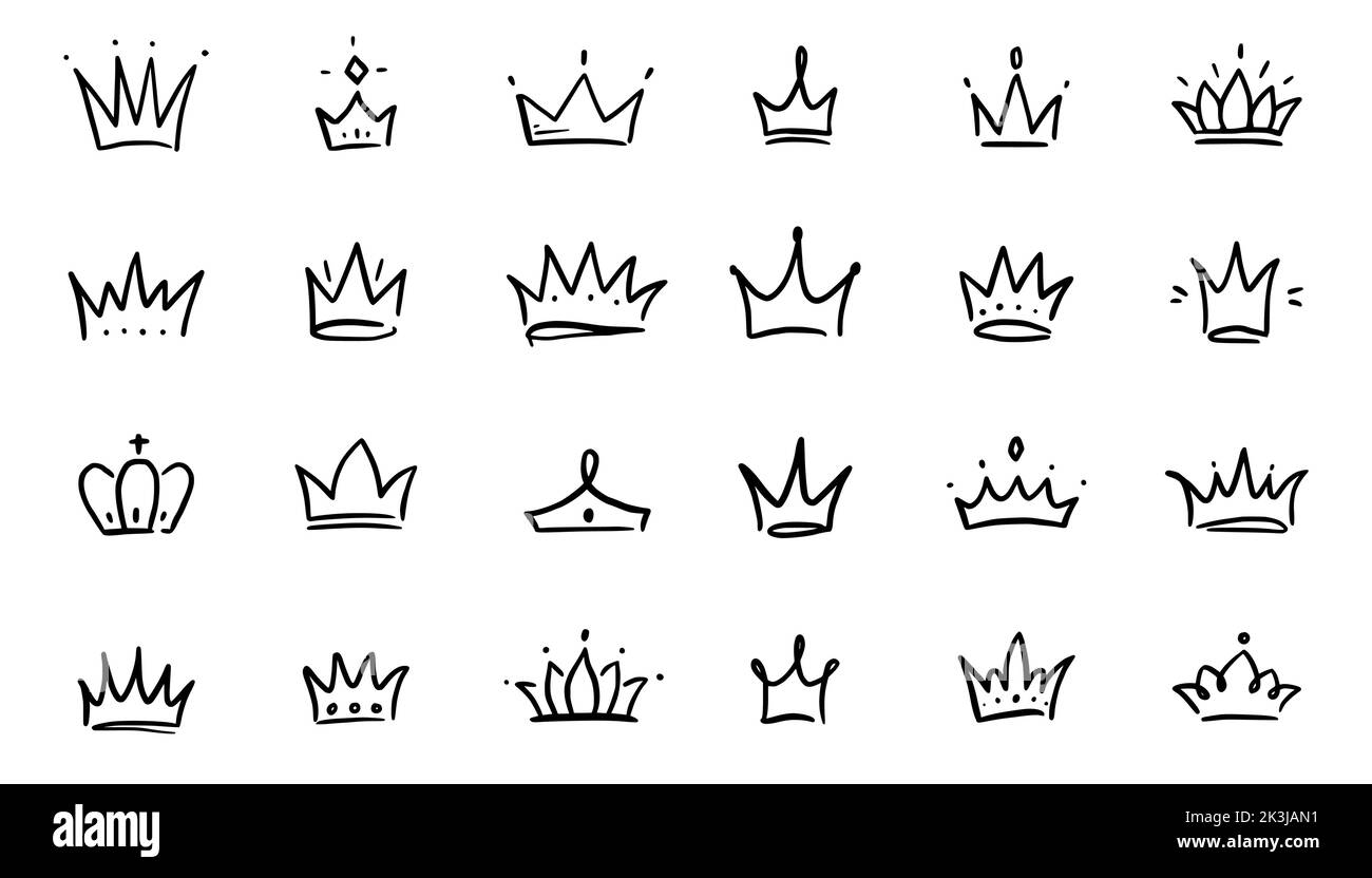 Doodle crown hand drawn set. Doodle princess crown, queen tiara. Line ...