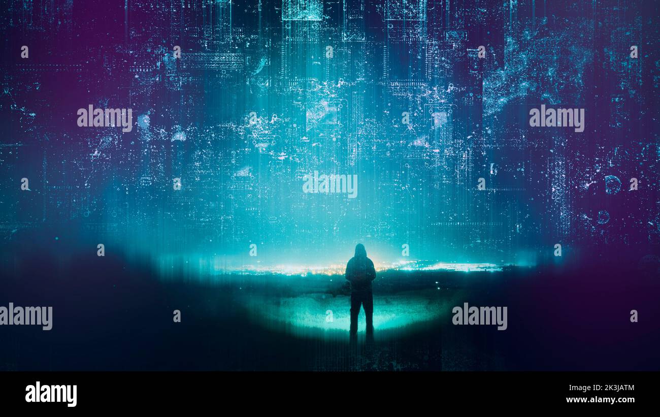 A science fiction concept of a man looking up at a glowing grid of ...
