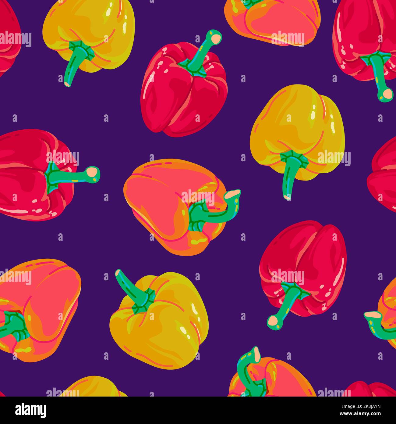 Bright pattern of bell peppers on a purple background in cartoon style ...