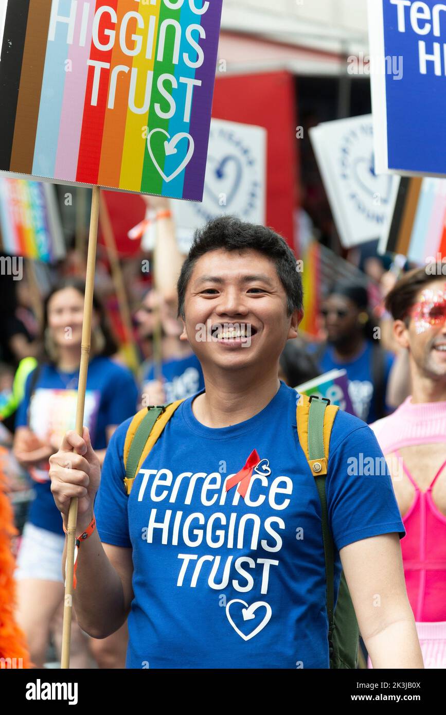 London, UK, Saturday July 2nd 2022. Protester from Terrence Higgins ...