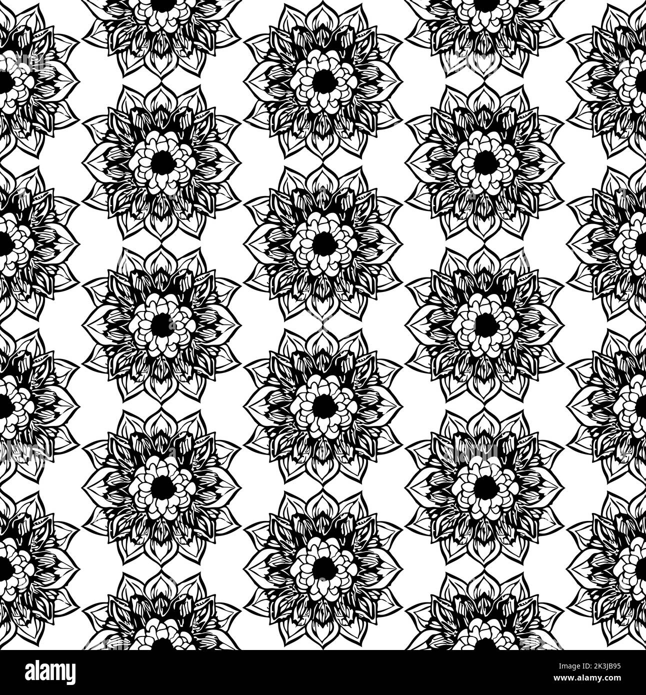 Seamless vector line art pattern made of black hand drawn roses flowers ...