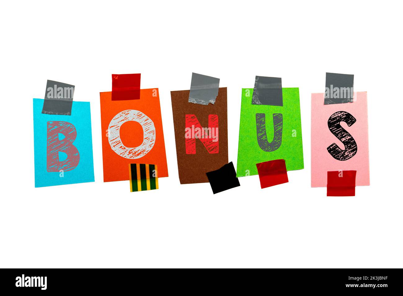 BONUS concept. Colored pages with text on a white background Stock ...