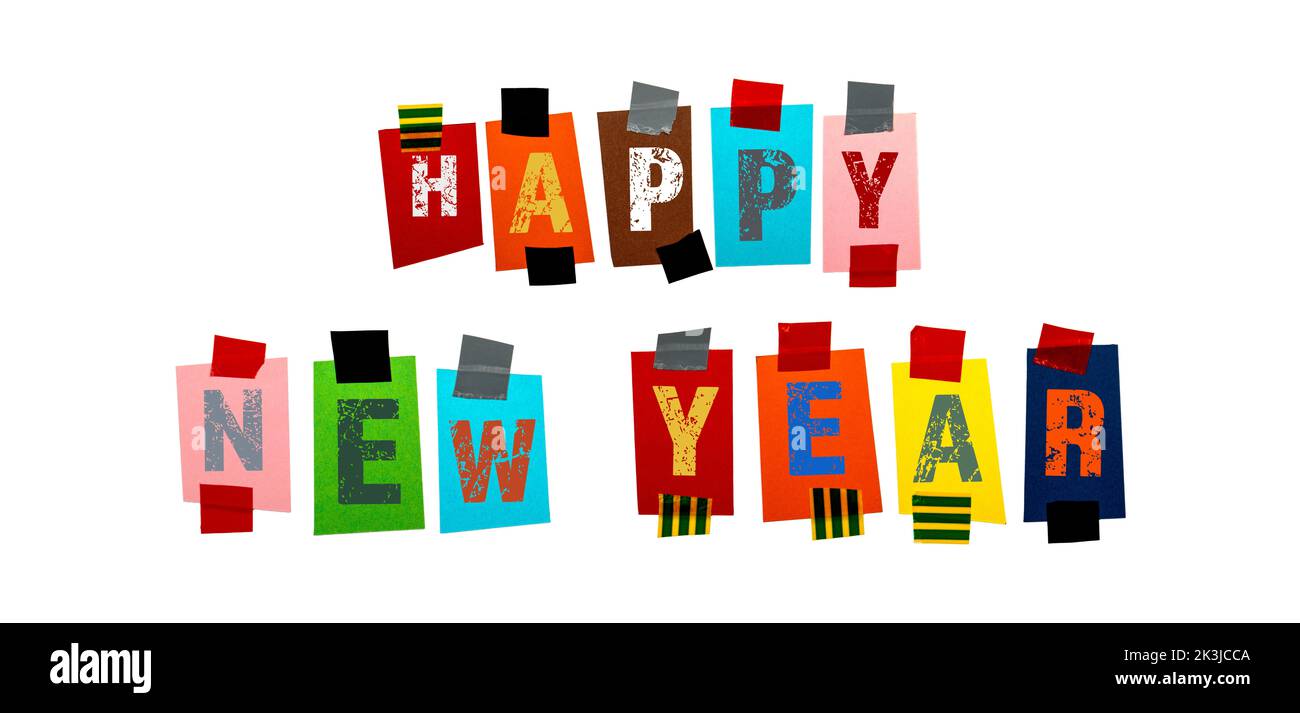 HAPPY NEW YEAR. Colorful pages with letters and text. Horizontal banner ...