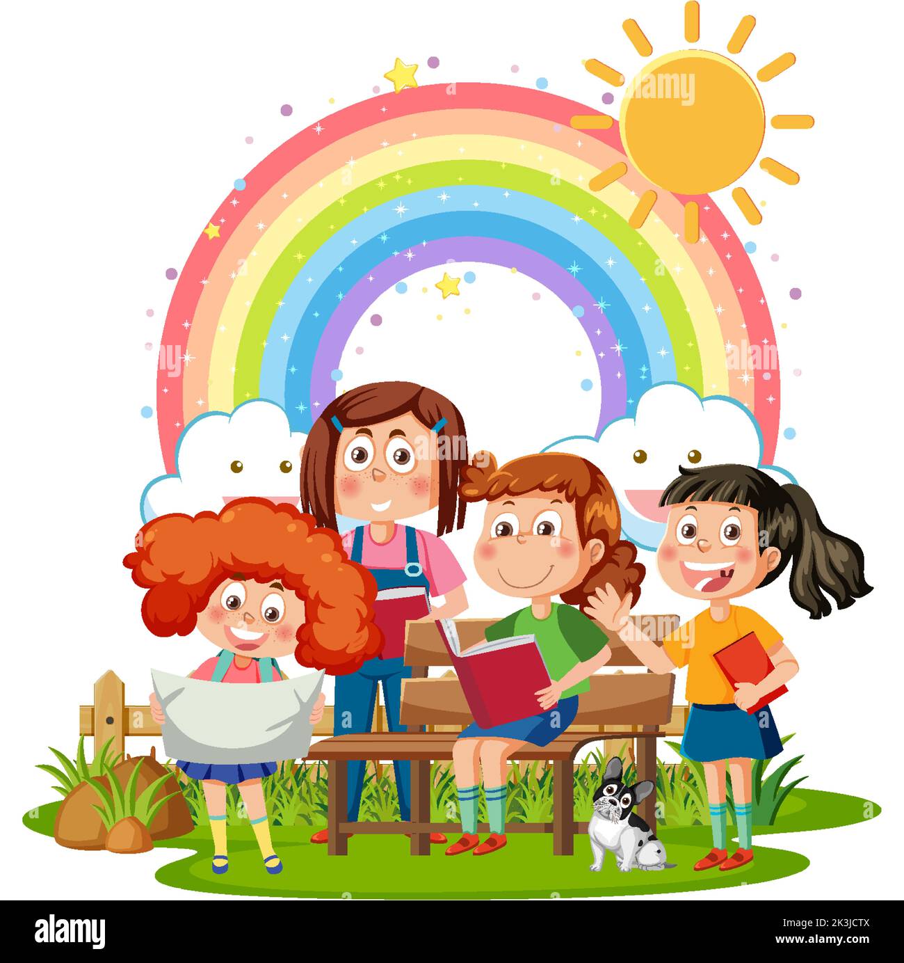 Happy children with rainbow illustration Stock Vector Image & Art - Alamy