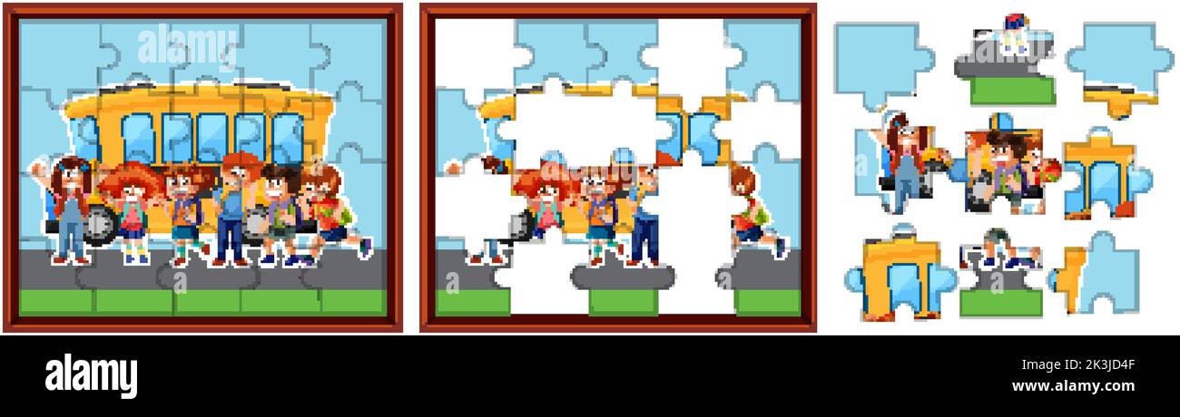 Student with school bus photo puzzle game template illustration Stock ...