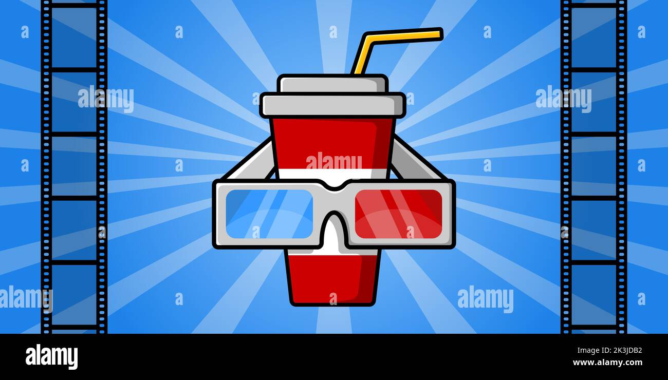 A glass with a drink and a straw and cardboard stereo 3d glasses ...