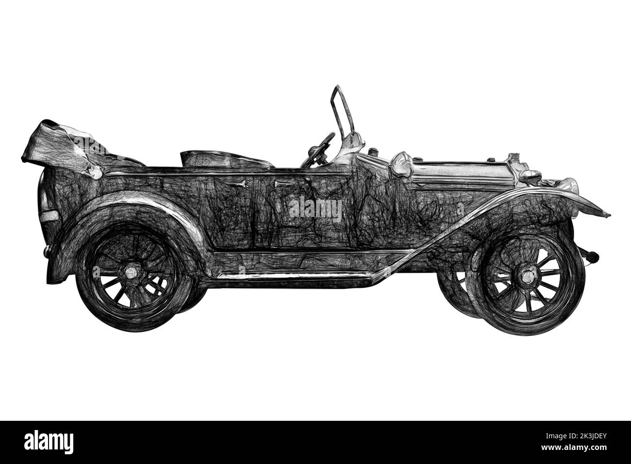 black and white drawing of a retro car isolated on white background ...