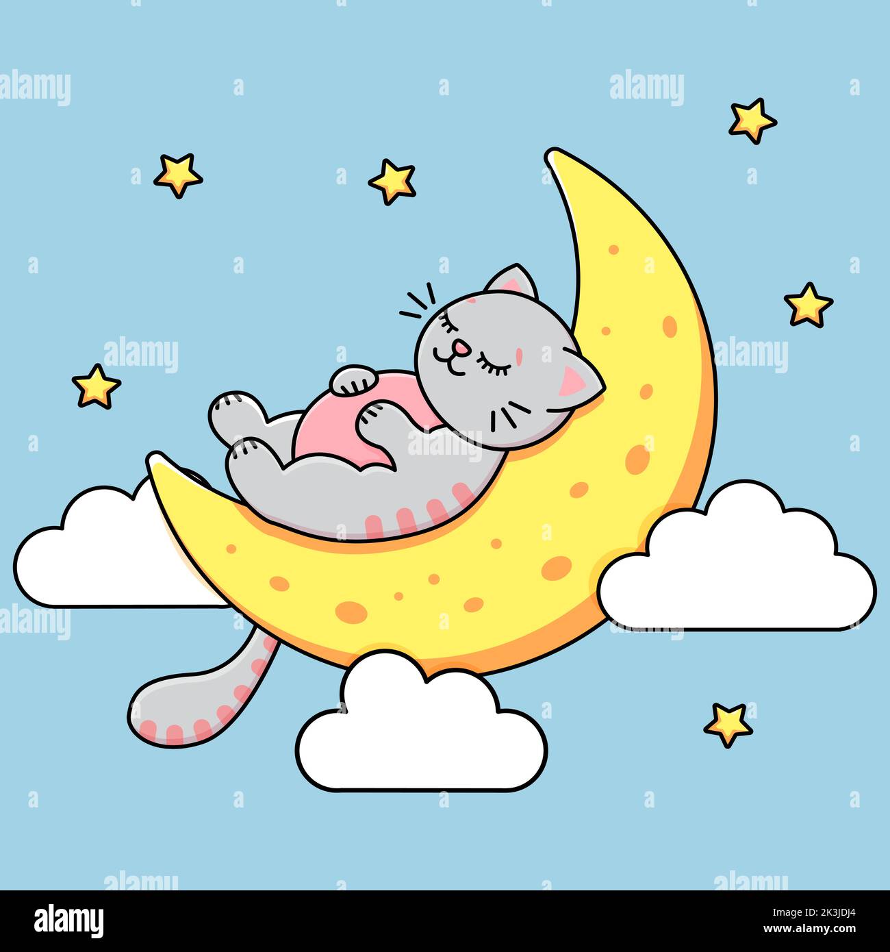 The gray cat sleeps on the moon. Sky stars and clouds. Childrens print ...