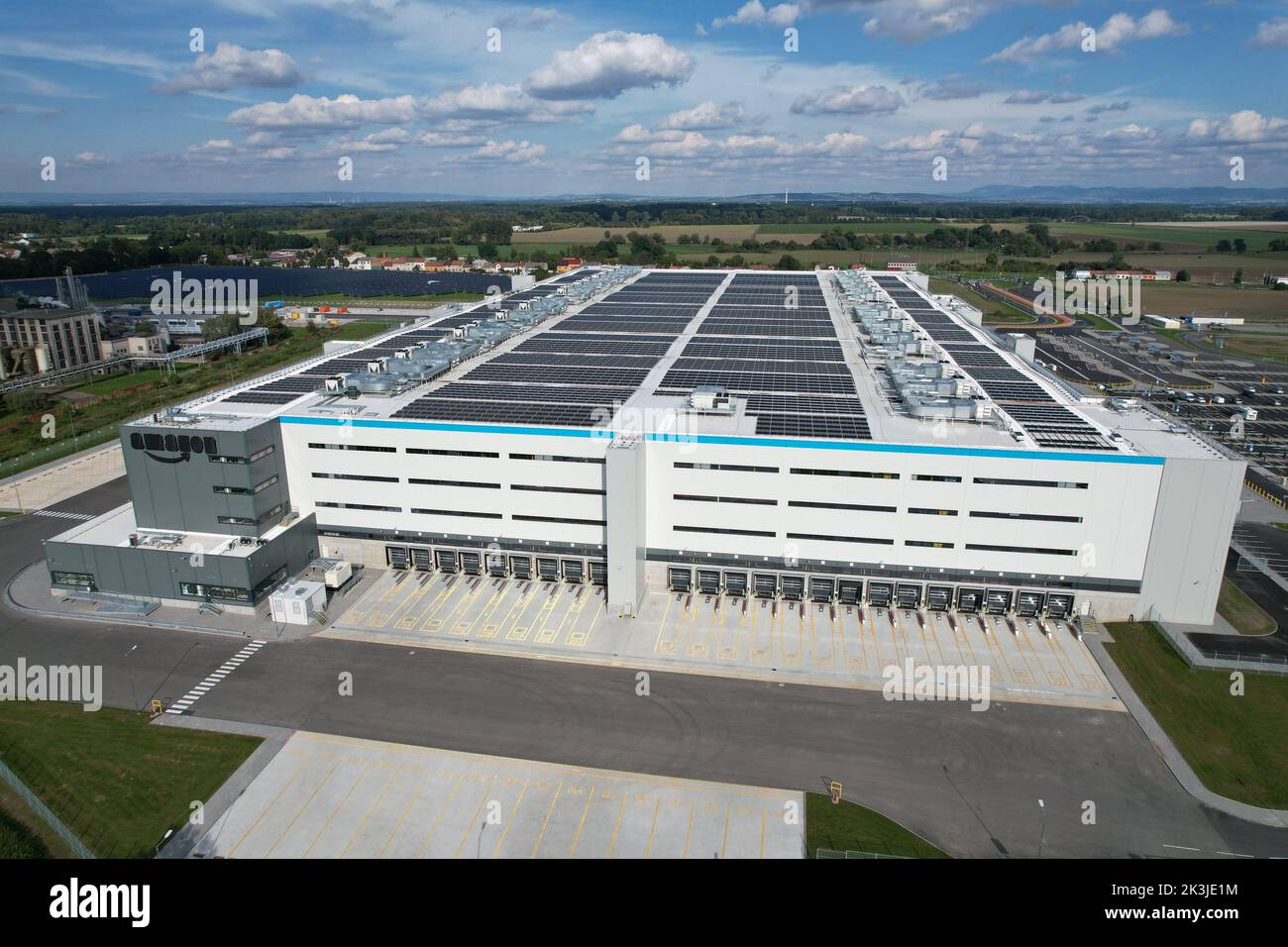 Brand new Amazon Warehouse distribution center. Aerial view of massive sort and distribute ...