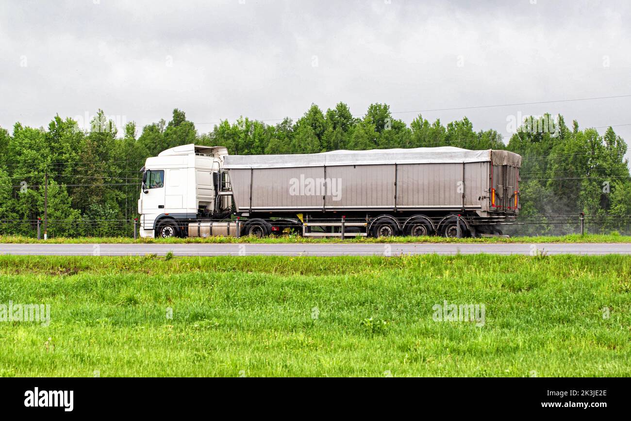 A truck driver transports a bulk cargo of grain in a semi-trailer ...
