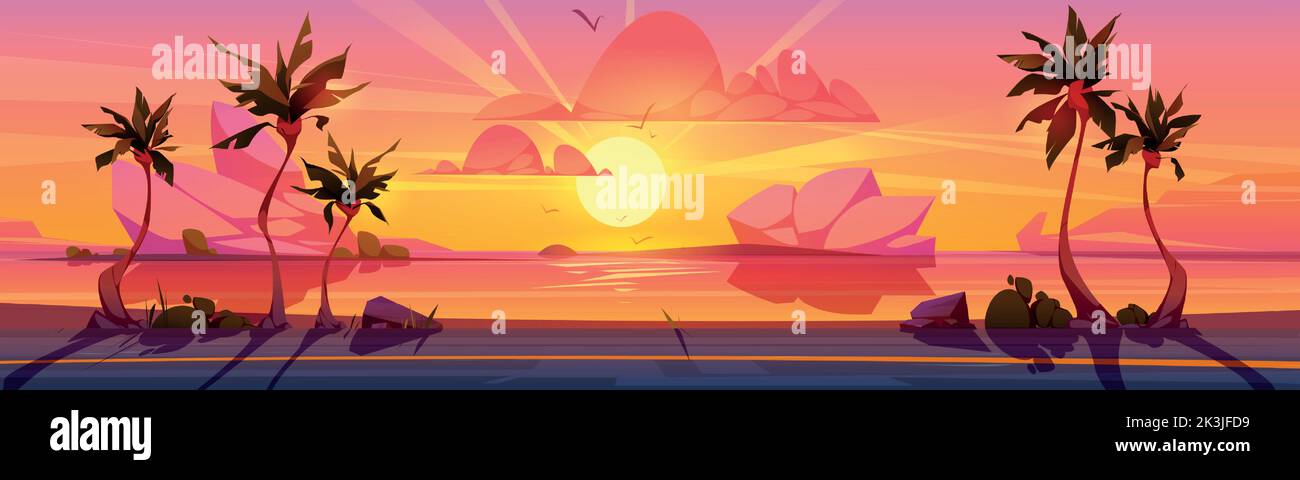 Tropical sunset and coastal road cartoon illustration. Vector design of ...