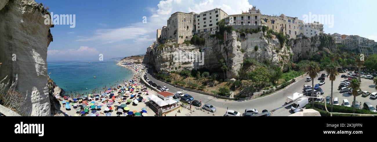An aerial view of the Tropea town in Calabria Italy, and the beach ...