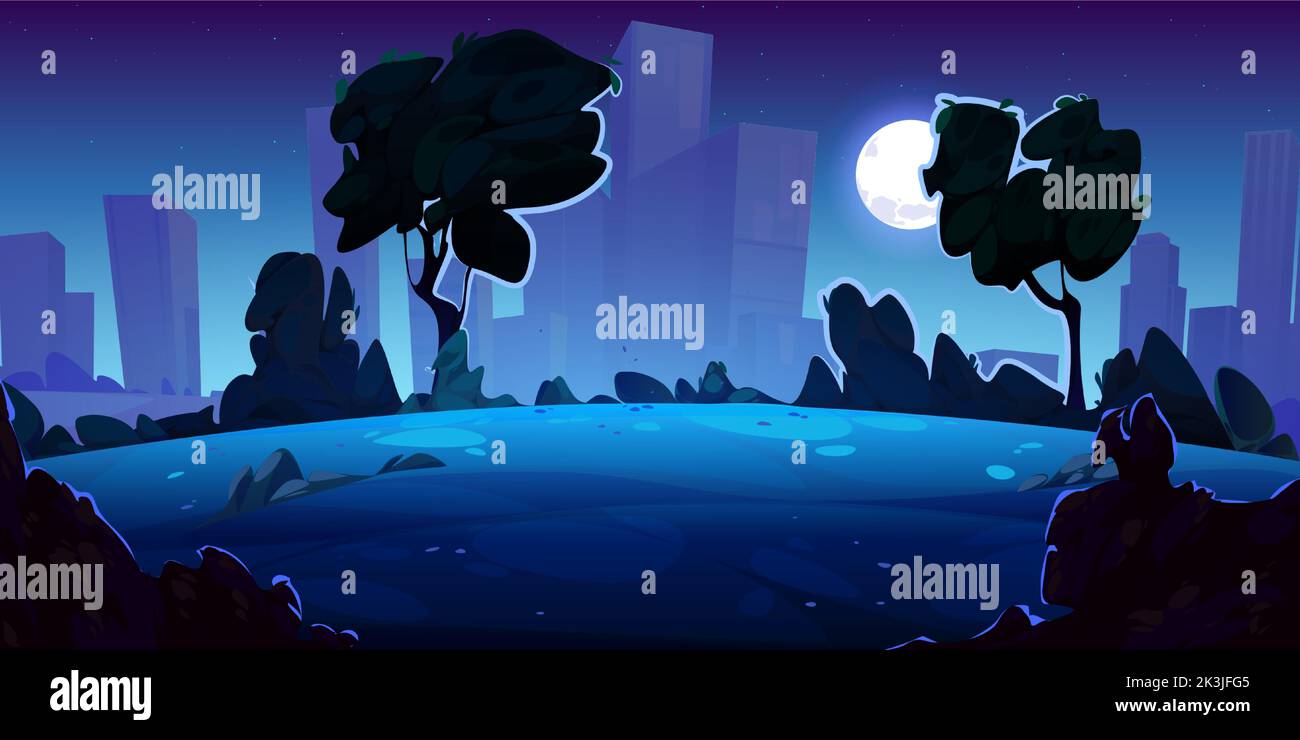 Midnight city with moonlit public garden. Cartoon vector illustration ...