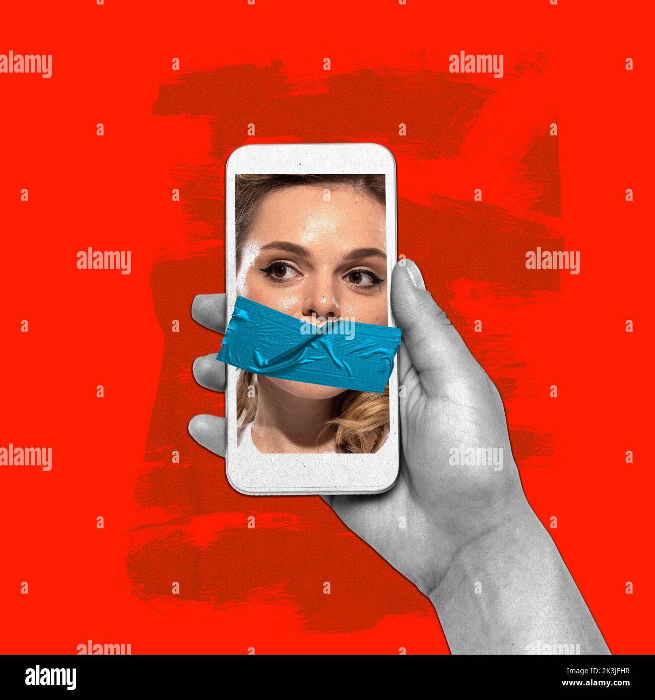 Contemporary art collage. Woman with covered mouth on phone screen ...