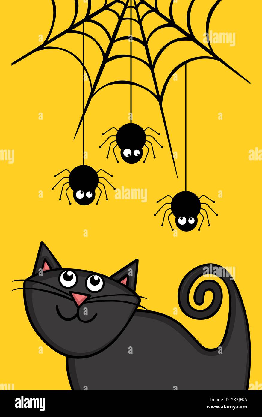 Halloween illustration with black cat looking a spiders in top Stock ...