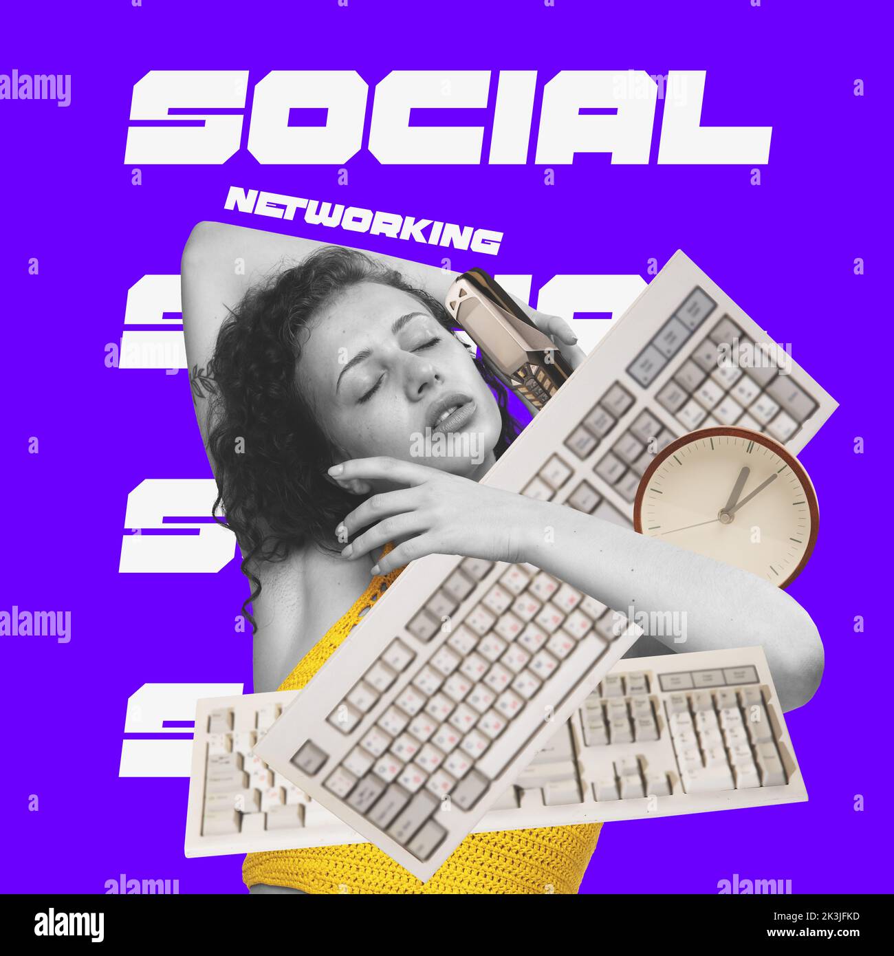 Contemporary art collage. Young woman holding computer keyboard ...