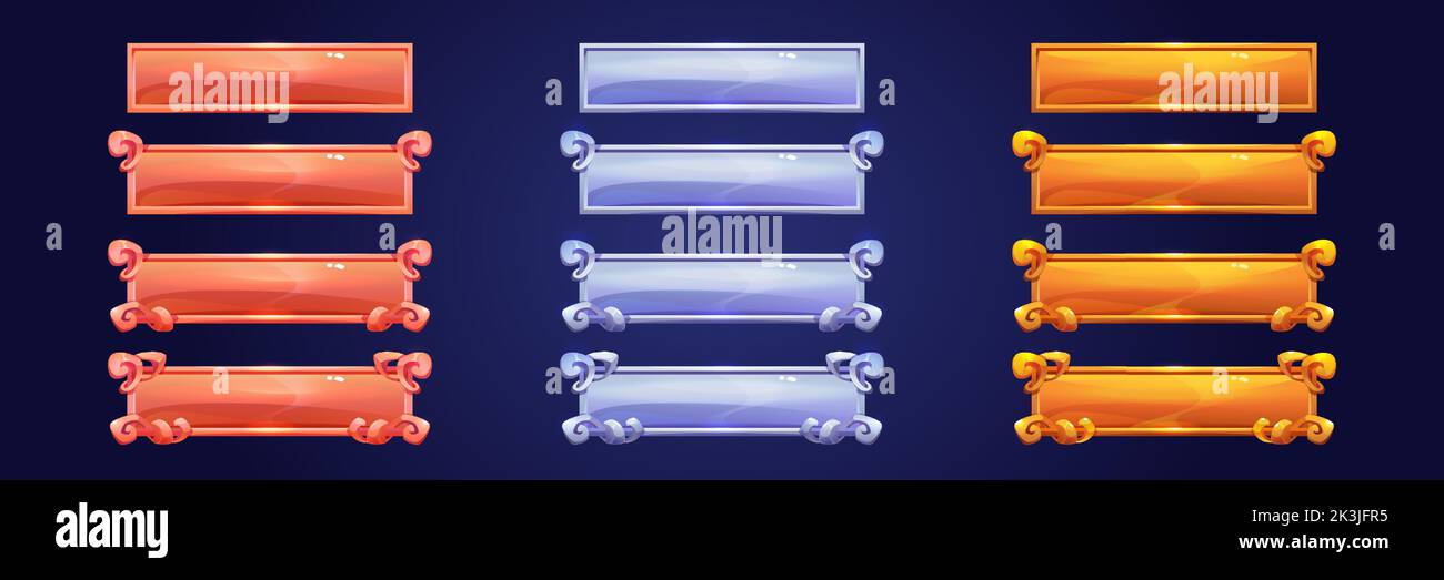 Medieval game menu frames, metal plaques ui elements. Gold, silver and copper buttons, banners ...