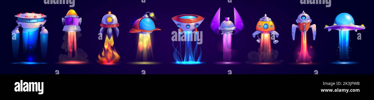Alien space ships, cartoon ufo saucers and rockets take off with fire ...