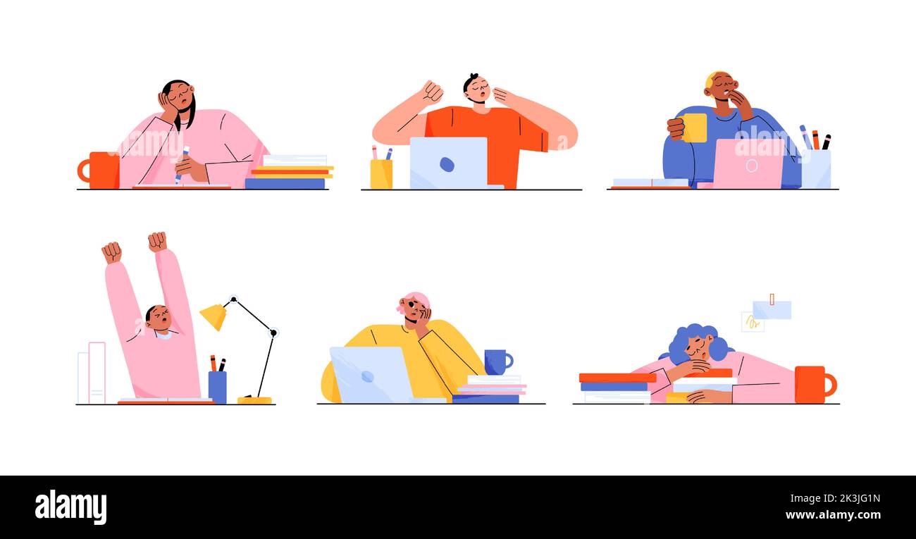 Set of sleepy people tired of computer work or studying. Exhausted flat ...