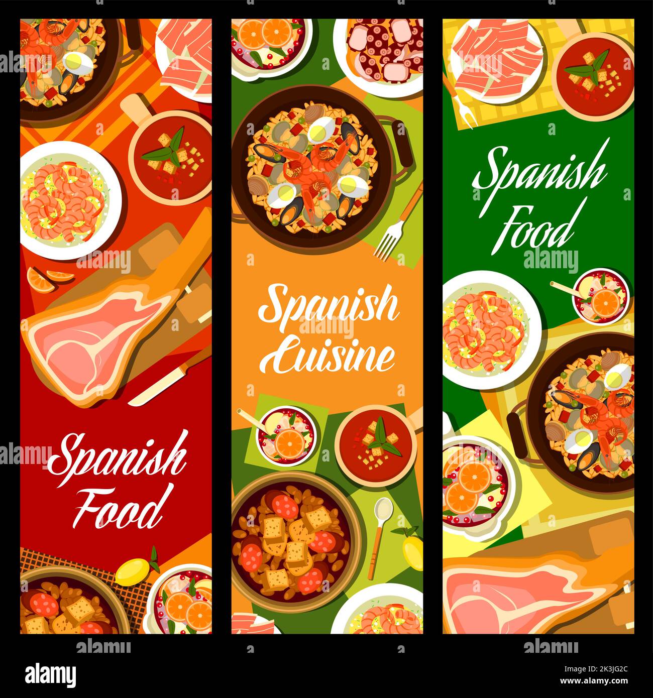 Spanish cuisine restaurant food banners. Garlic shrimp Gambas al Ajillo ...