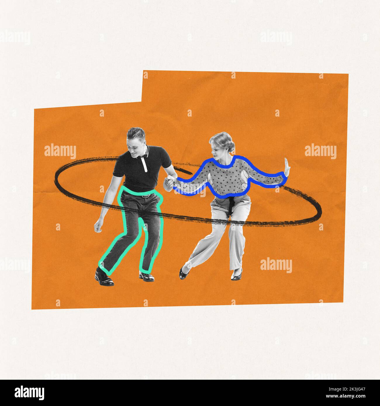 Contemporary art collage. Stylish young people actively dancing, boogie ...