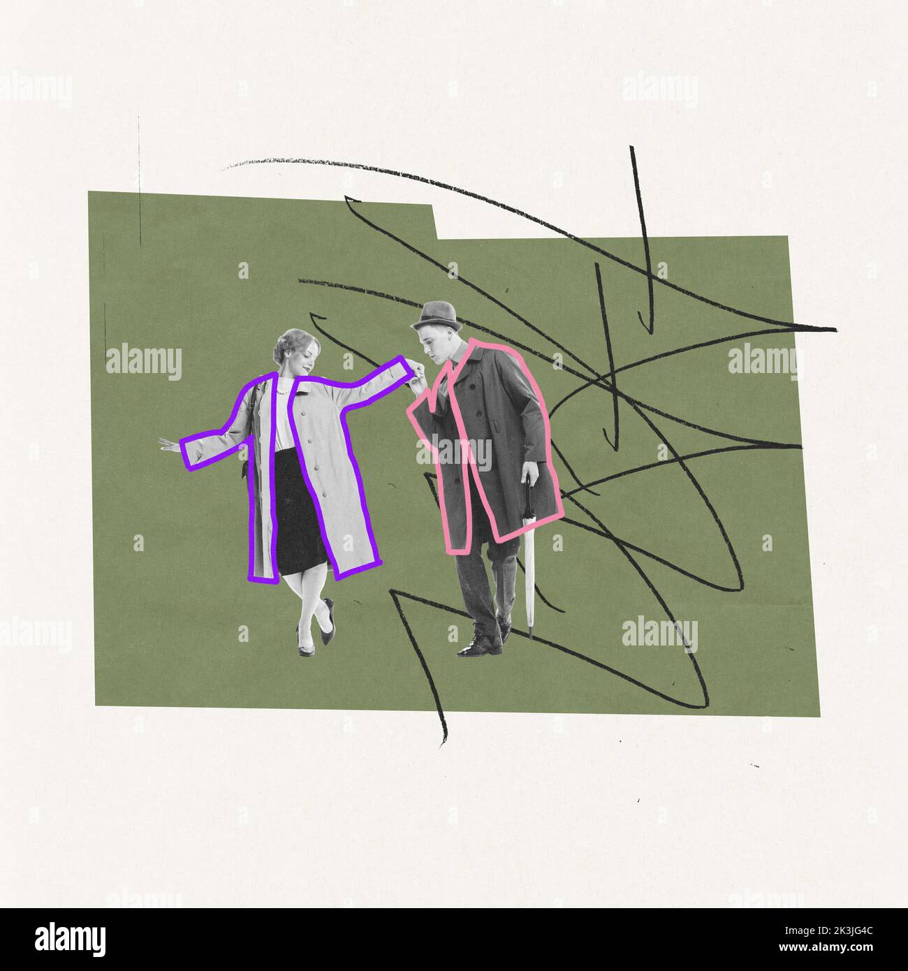 Contemporary art collage. Young beautiful couple in autumn clothes walking together, dancing ...