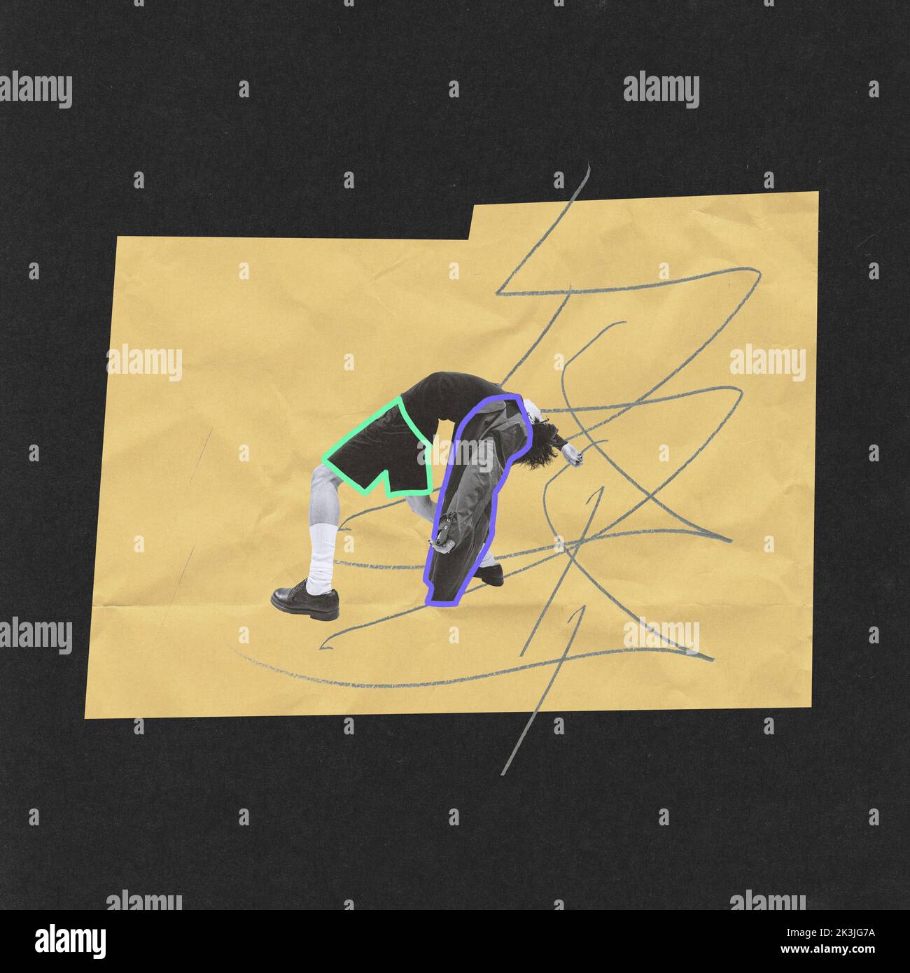 Contemporary art collage. Young man dancing, performing contemporary ...