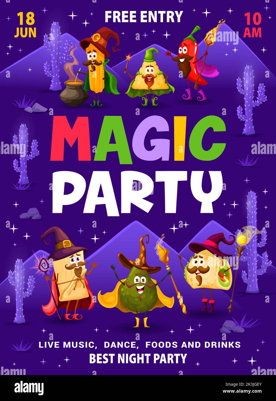 Magic party flyer, cartoon Tex Mex Mexican food wizards characters ...