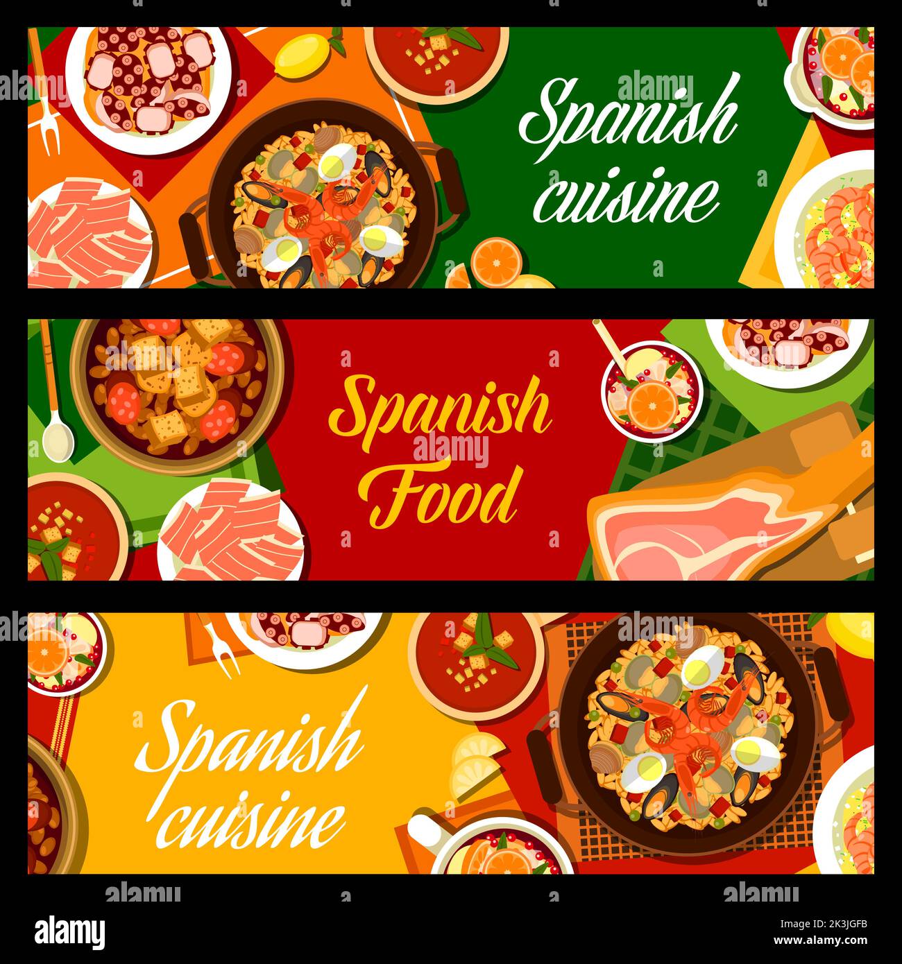 Spanish cuisine meals vector banners. Iberian ham, garlic shrimp Gambas ...