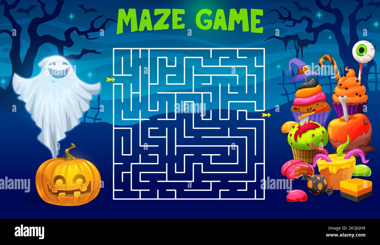 Labyrinth maze. Halloween pumpkin and ghost, sweets, cookie and cakes ...