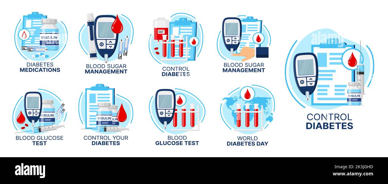 Diabetes care icons, blood sugar test, insulin and glucose control or ...