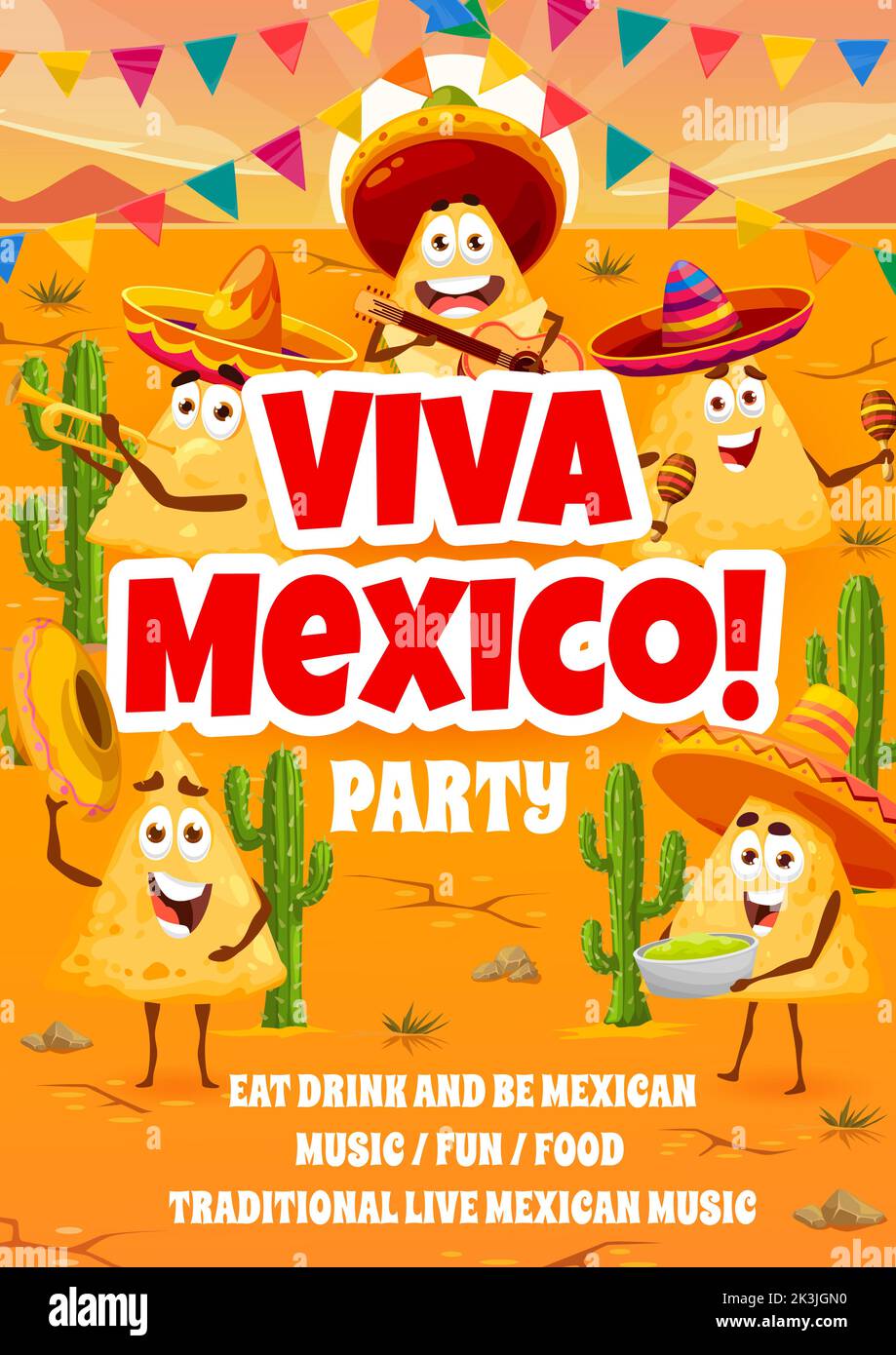 Viva Mexico party flyer with Mexican nachos chips characters, vector ...
