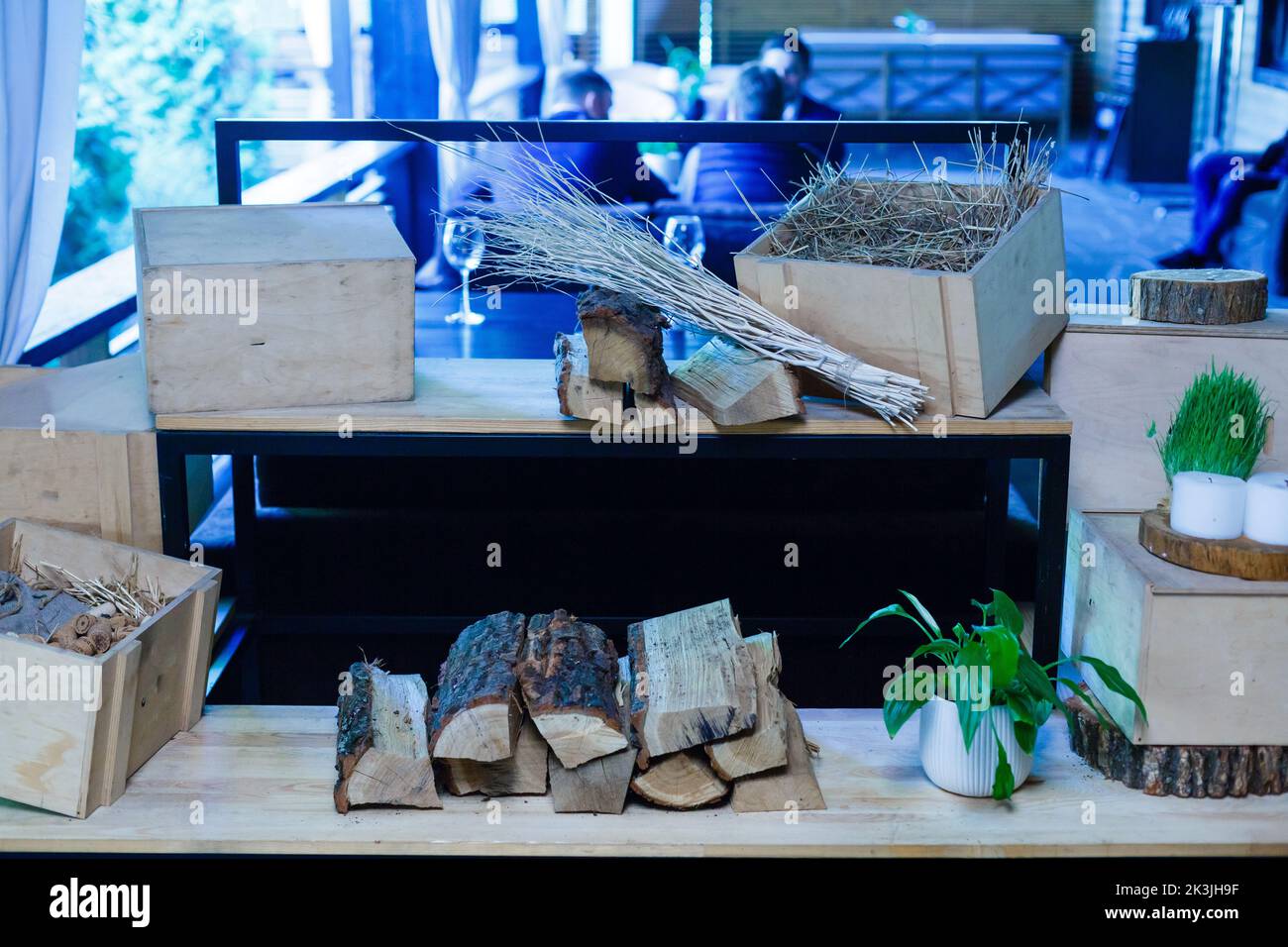 Interior design ideas. Set for firewood storing. Pile of logs, tree ...