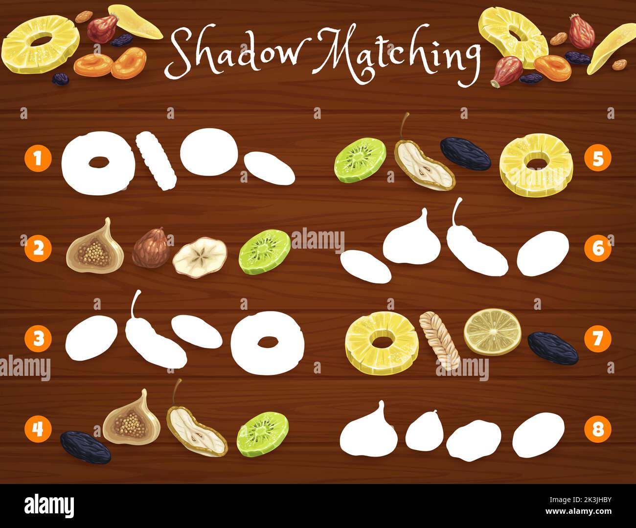 Shadow matching game worksheet. Dried fruits. Kids quiz or riddle ...
