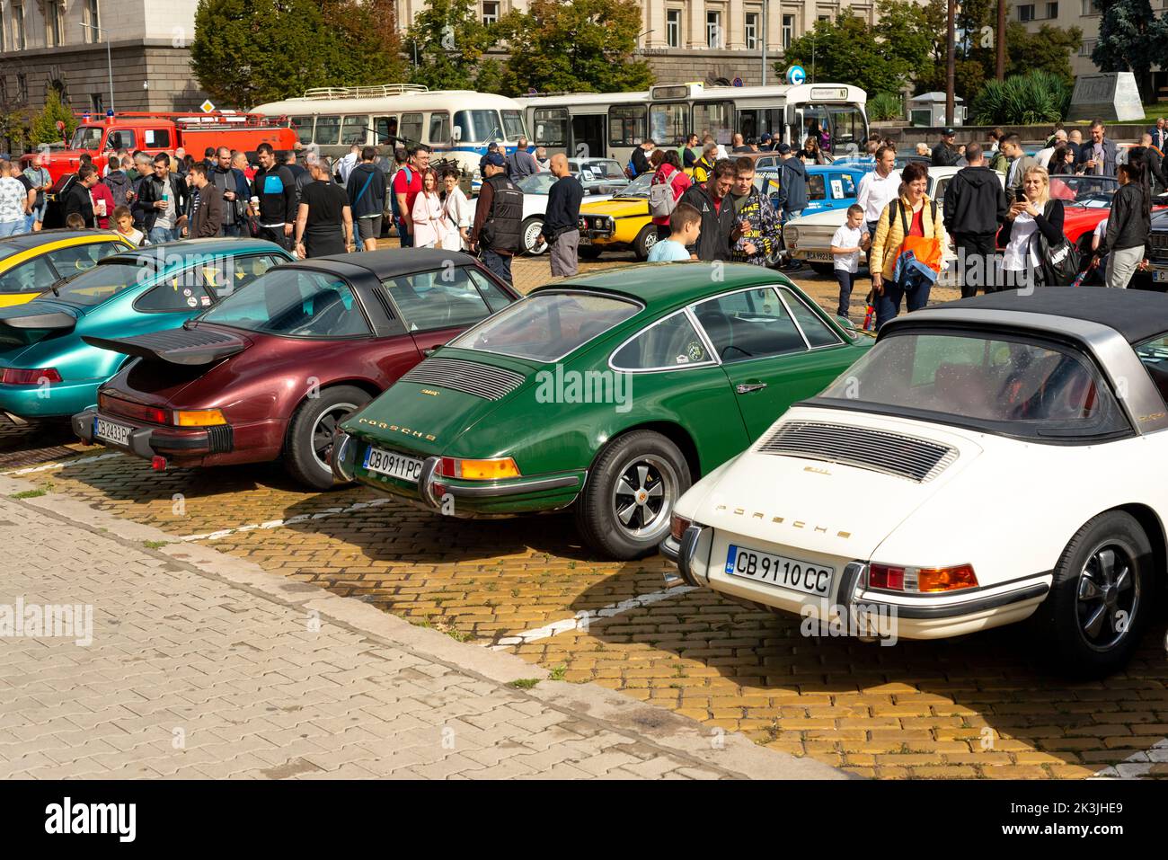 Rear view of Porsche 911 sports cars during the classic cars parade in ...