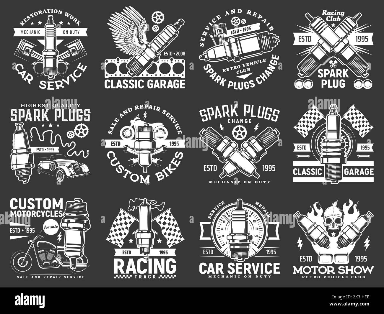 Car service, motor show and racing club icons. Vehicle garage station ...