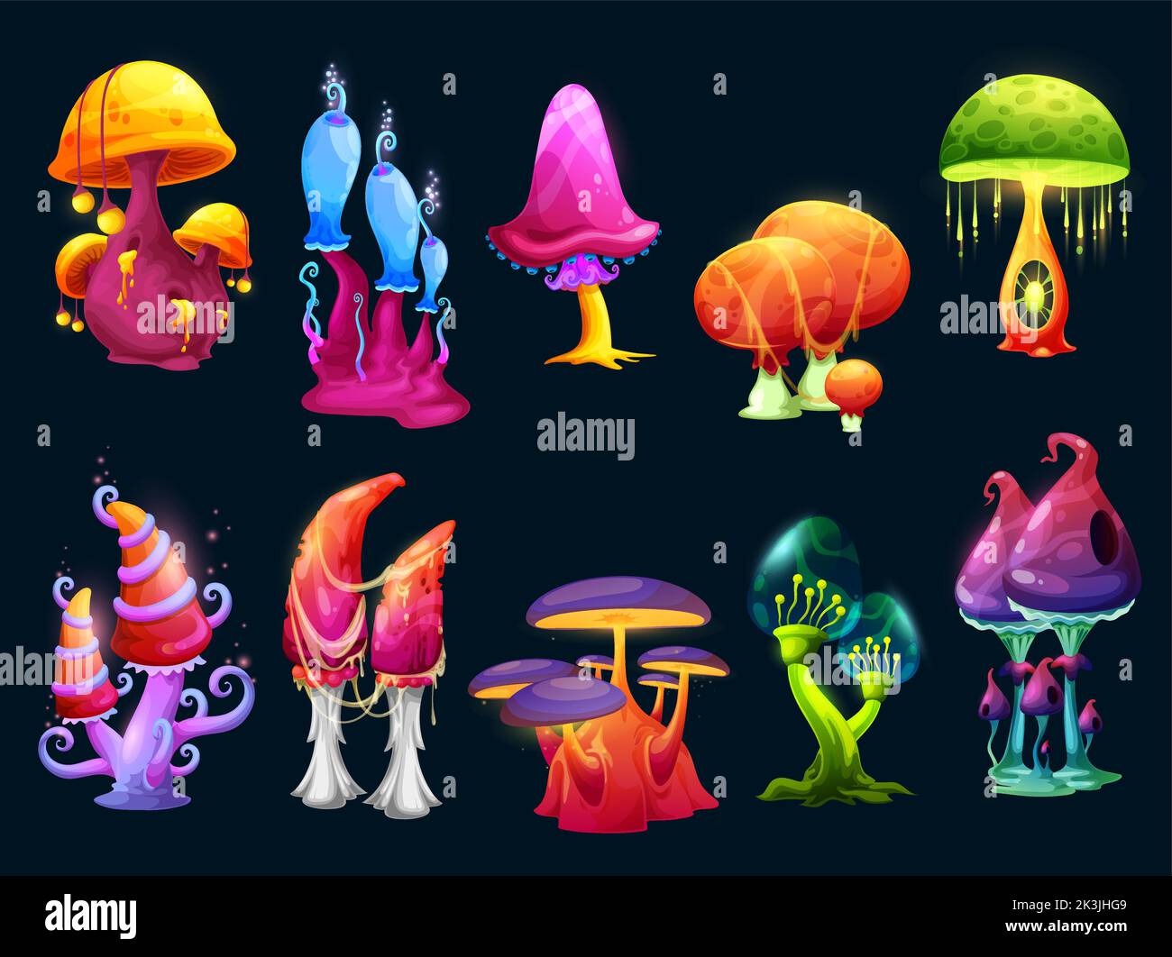 Fantasy magic cartoon mushrooms. Alien forest mushroom plants or fairy ...