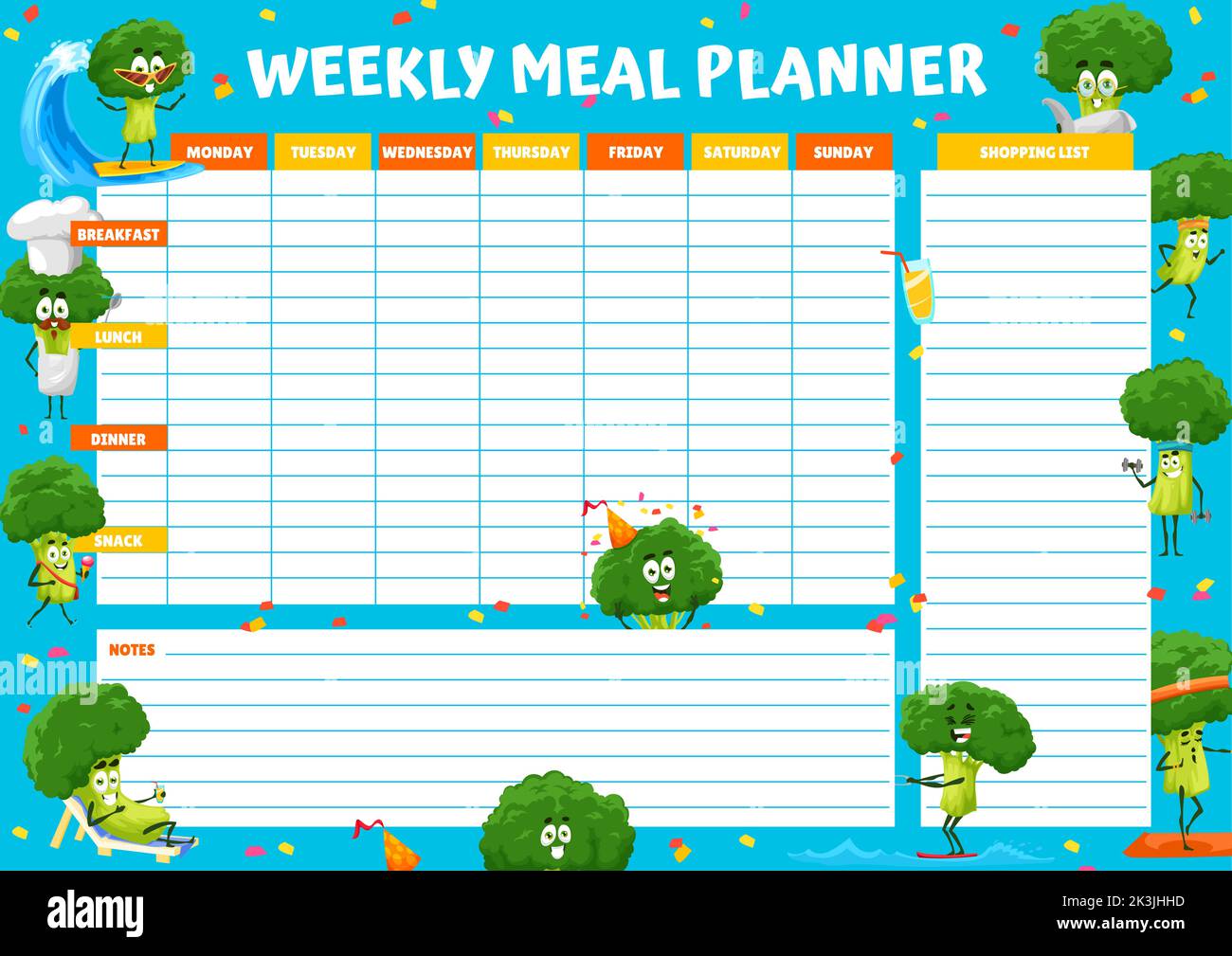 Weekly meal planner with cartoon funny broccoli characters. Healthy ...