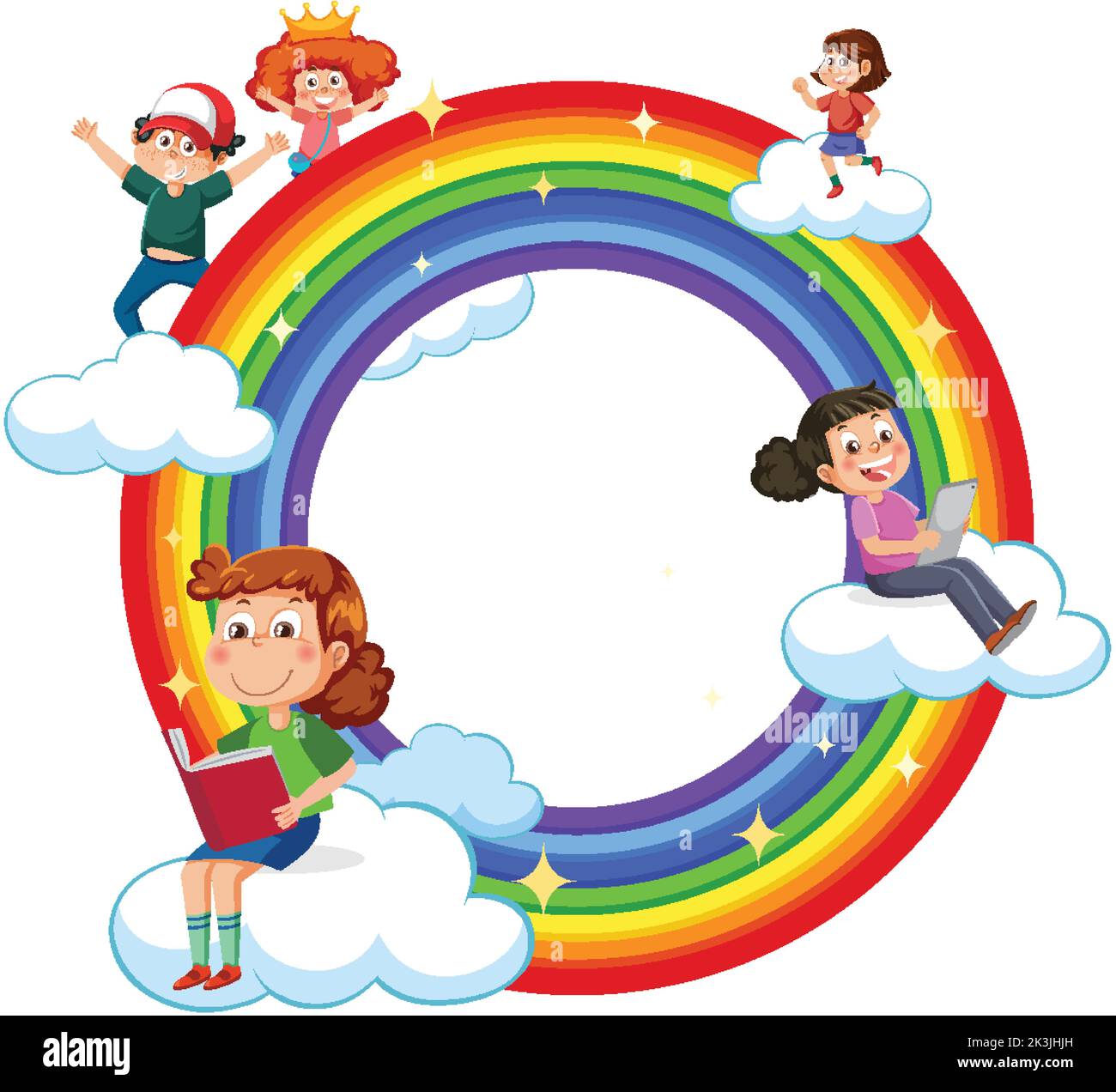 Happy children with rainbow illustration Stock Vector Image & Art - Alamy