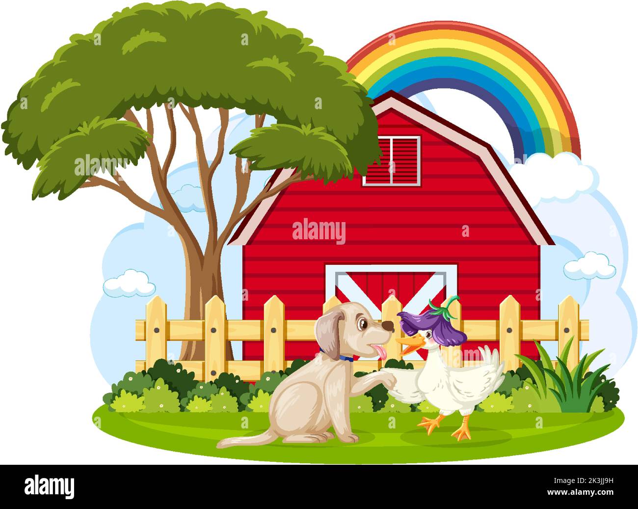 Farm barn with tree and rainbow illustration Stock Vector Image & Art ...