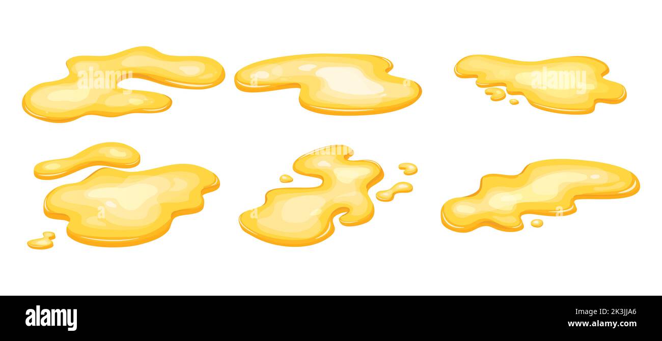 Set of yellow puddle oil, liquid gold, honey spill. Juice drop isolated ...