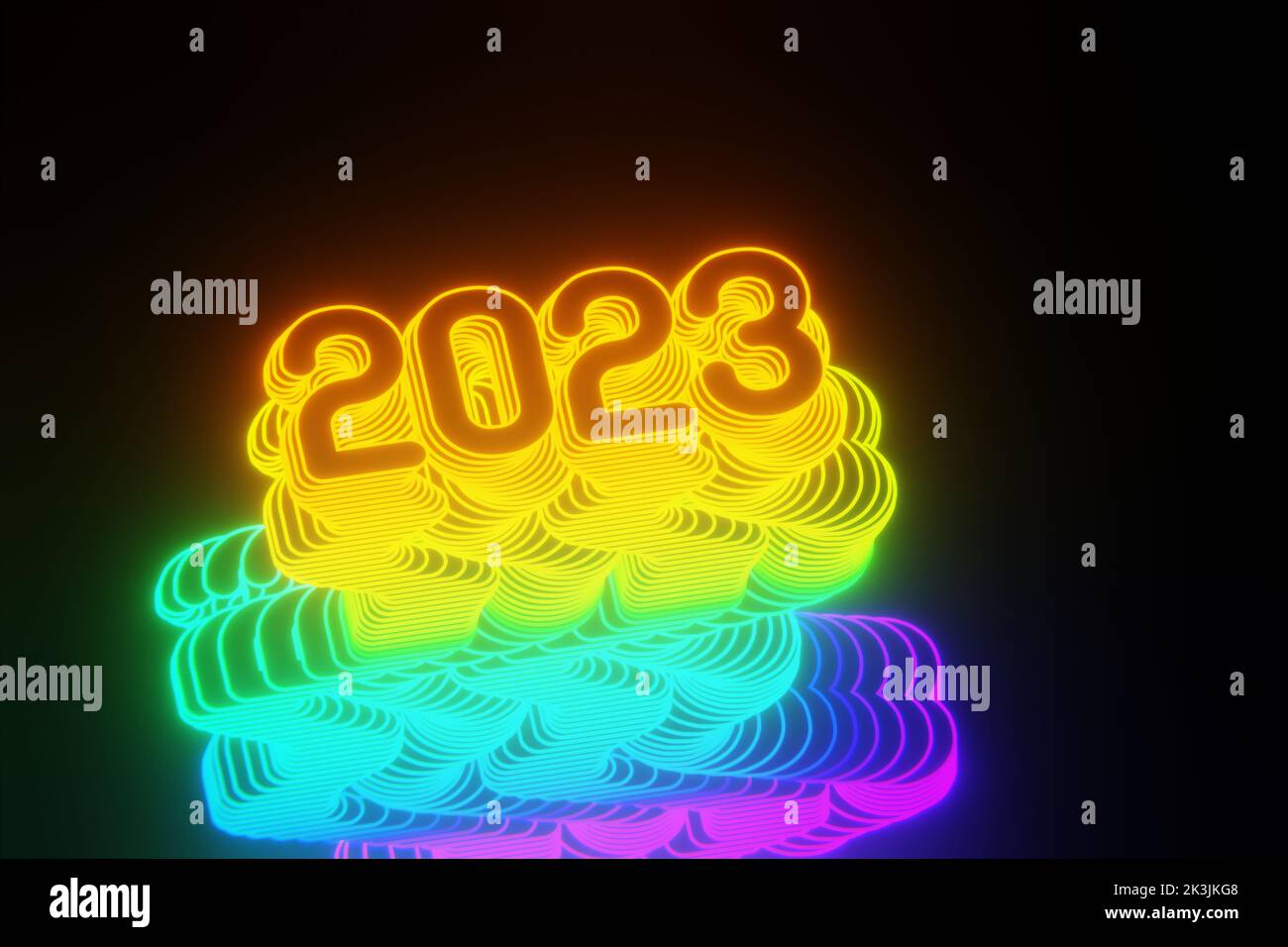 Beautiful Abstract neon background words 2023 on a black background. 3d ...