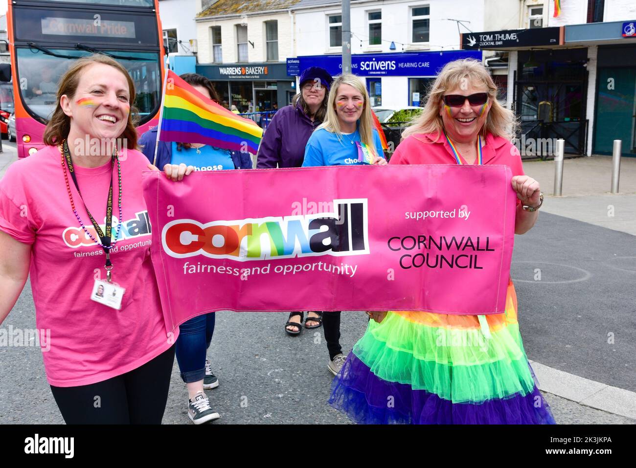 Participants in the vibrant colourful Cornwall Prides Pride parade in Newquay Town centre in the ...