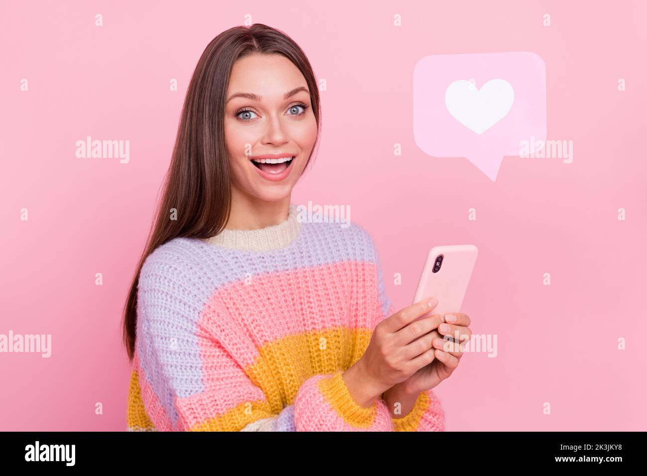 Portrait of charming cheerful person hold telephone receive like ...