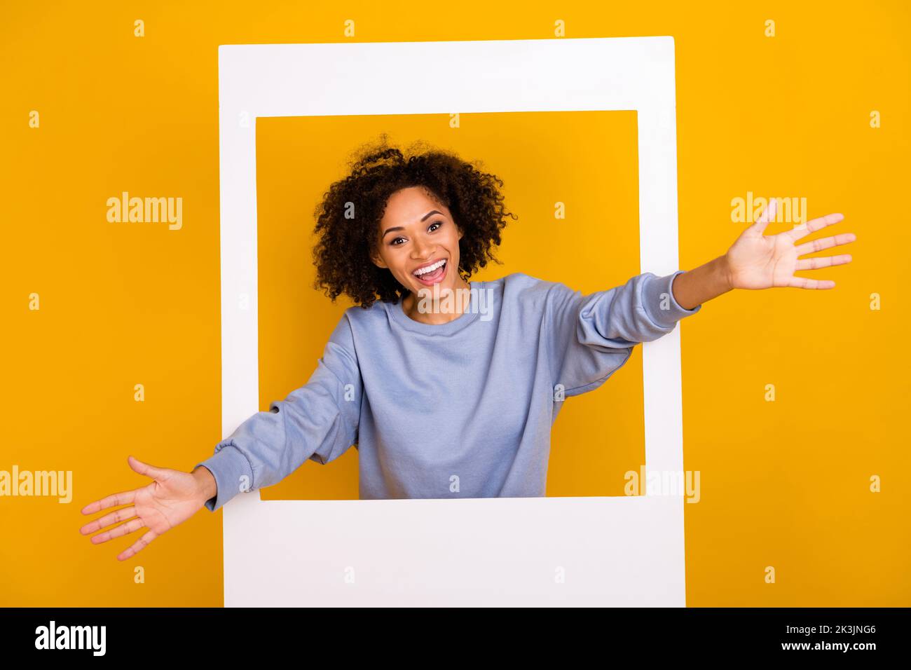 Portrait of attractive excited person raise hands welcome you embrace ...