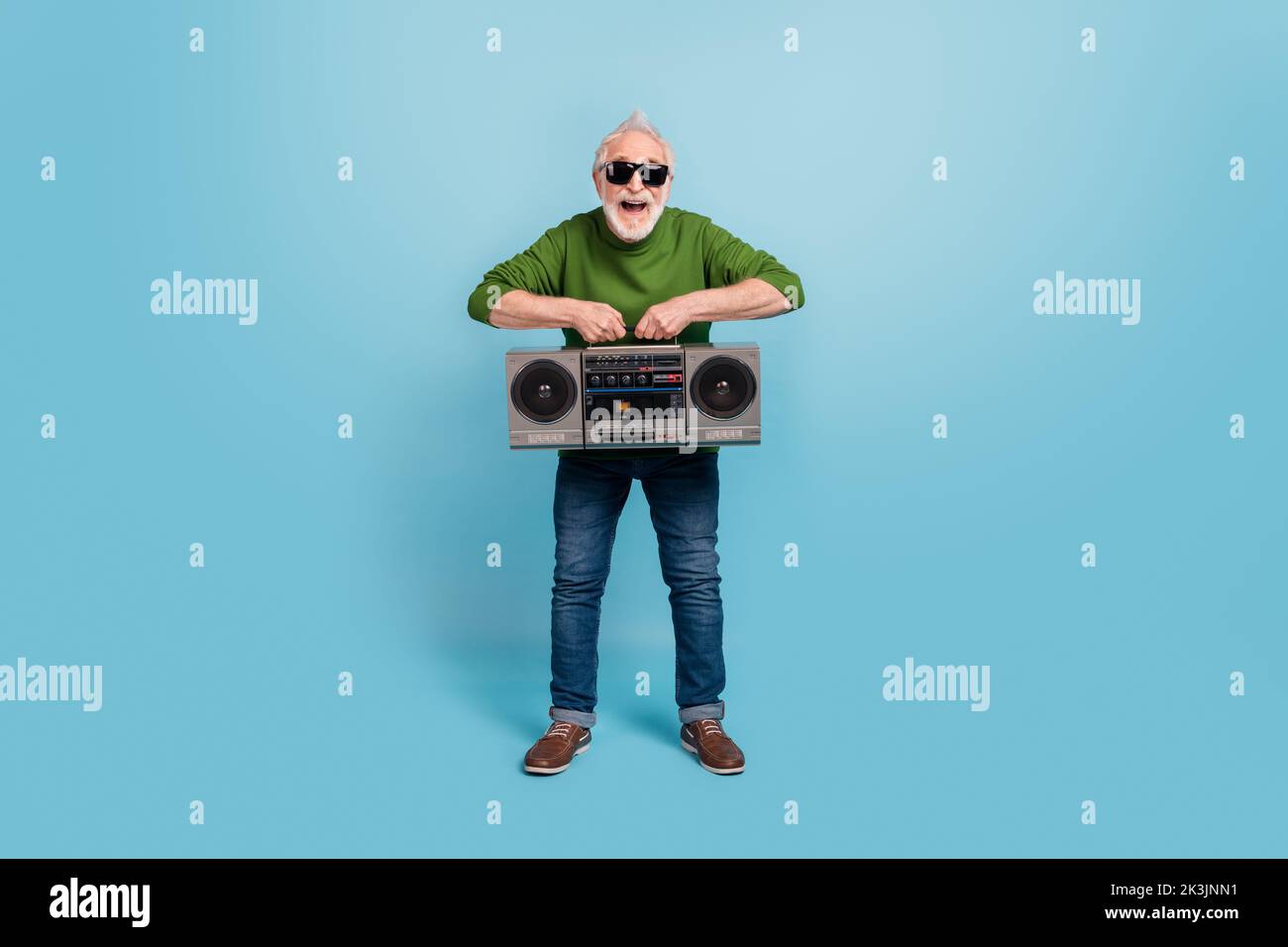 Full length photo of funny granddad hands hold boombox toothy smile ...